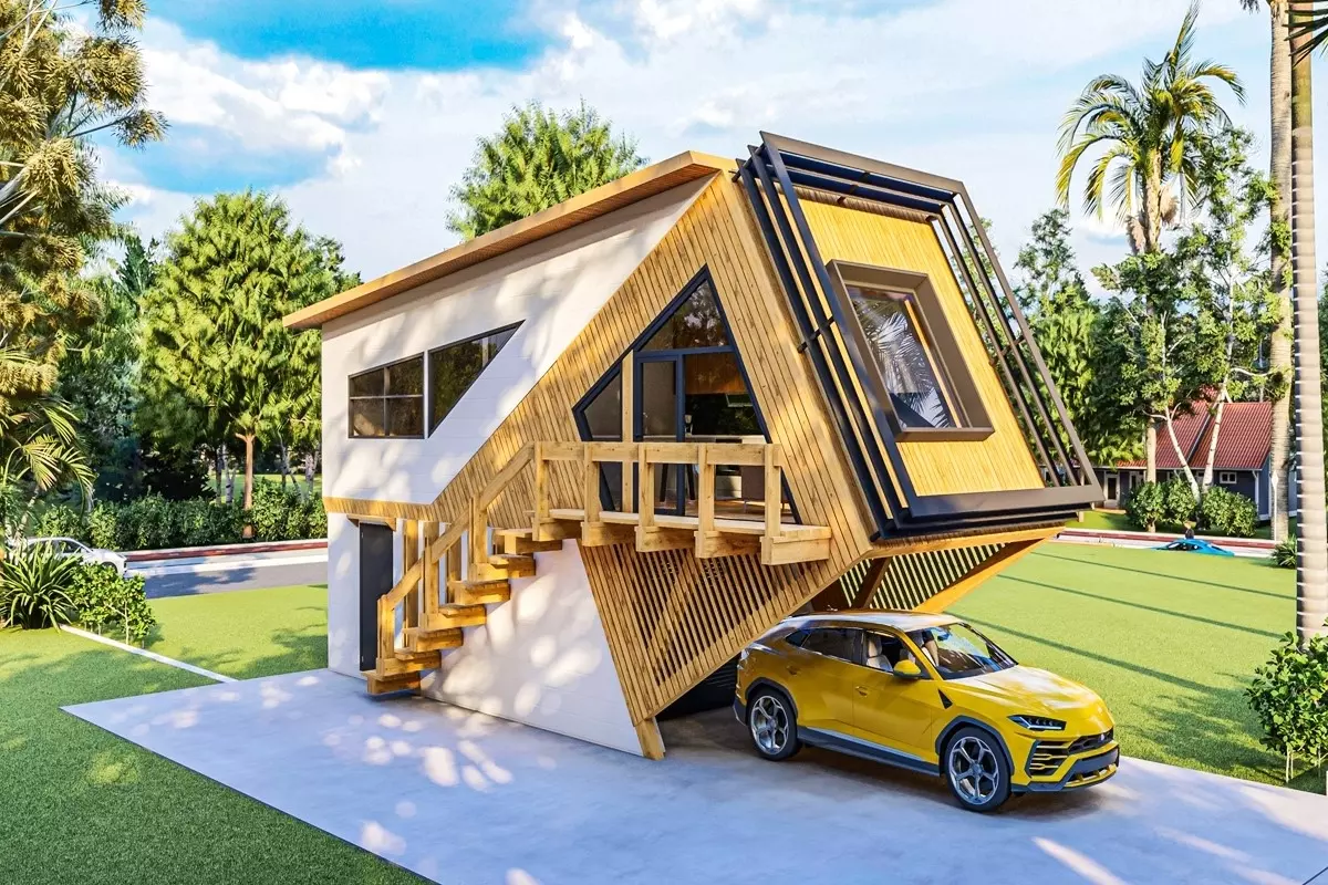 4x12 Meter Two Story Tiny Cottage with Garage - Trend House Designs